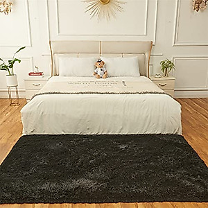 AMTOVO Shag Area Rugs for Bedroom, Black Fluffy Rug Plush Living Room Carpet 8 x 10 Feet, Indoor Modern Plush Area Rugs, Fuzzy Nursery Shaggy Rugs for Kids Room