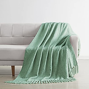 Tahari Home | James Collection | Green Solid Chenille Woven Fringe Throw, 50" x 60"