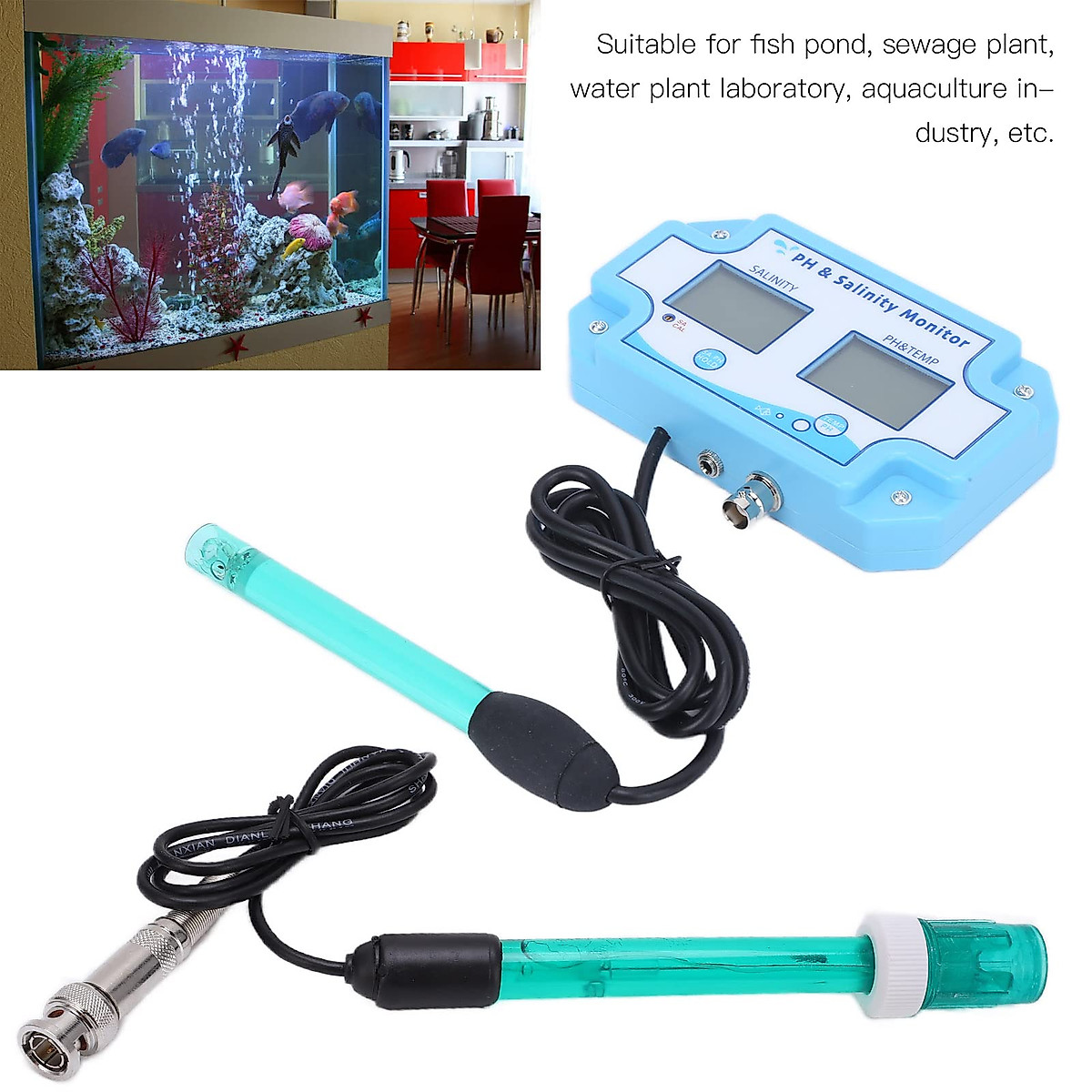 Water Quality Monitor Tester, 3 In 1 Salinity Temperature PH Tester Digital Lcd Screens Backlight Real Time Monitoring Rechargeable Wall Mount Water Quality Tester for Aquariums Hydroponics Pool(US)