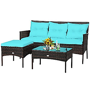 Acquire 3 PCS Patio Rattan Furniture Set 3-Seat Sofa Cushioned Table Turqouise Suitable for Poolside, Backyard and Garden, Etc