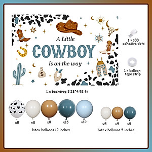 Cowboy Baby Shower Decorations for Boy, Western Rodeo Theme Retro Blue Balloon Garland Arch Kit, A Little Cowboy Is On the Way Backdrop Pregnancy Celebration Party Supplies