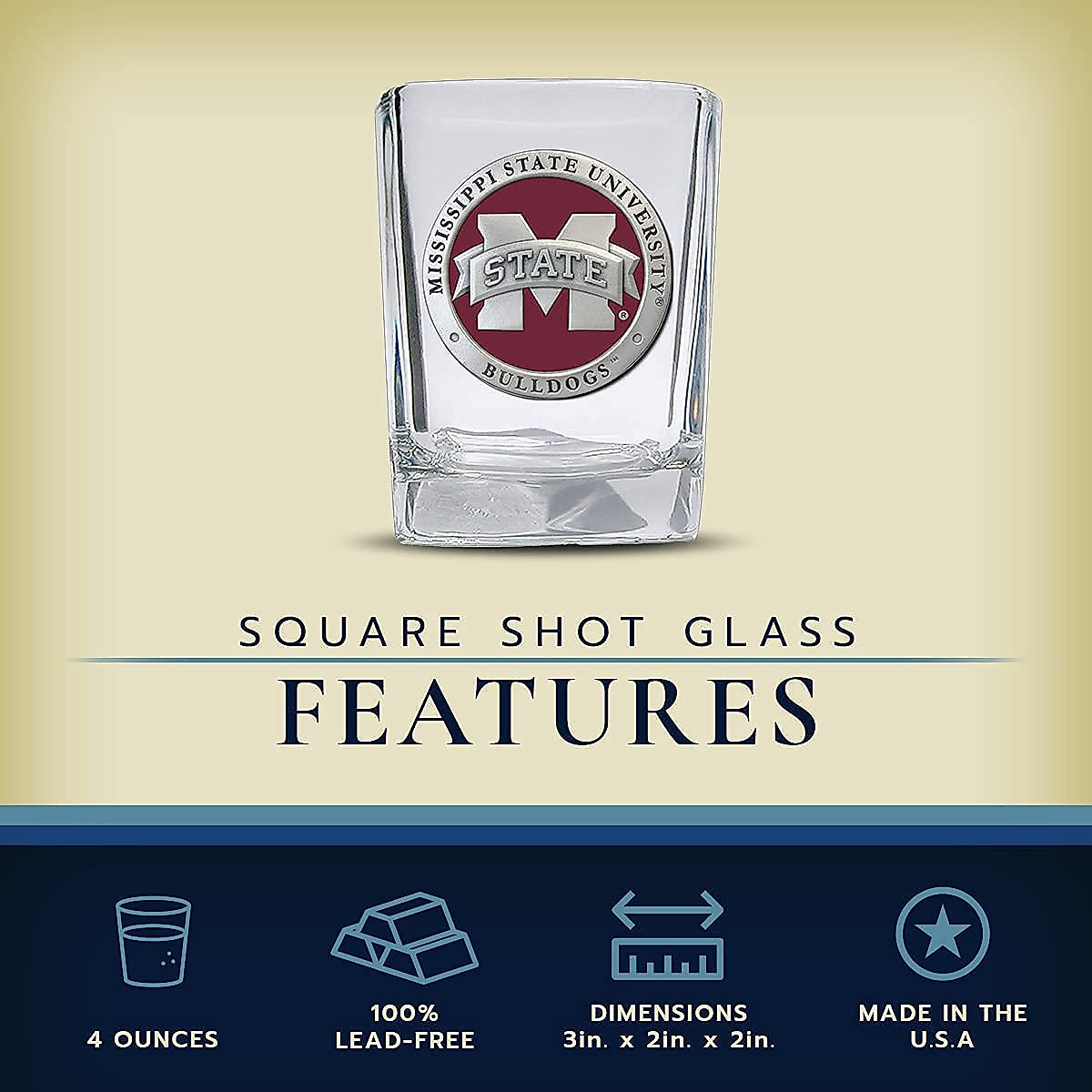 Heritage Pewter Mississippi State University Square Shot Glass | Hand-Sculpted 1.5 Ounce Shot Glass | Intricately Crafted Metal Pewter Alma Mater Inlay