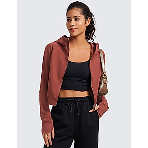 CRZ YOGA Womens Fleece Zip Up Cropped Hoodie Workout Jacket Athletic Casual Long Sleeve Sweatshirts with Thumb Holes Jujube Brown Large