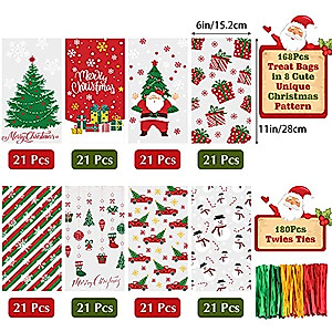 SUPERLELE Christmas Cellophane Bags 168 PCS with 180 PCS Twist Ties 8 Assorted Styles as Gift Box Santa Snowman Pattern Snack Bags for Treat Candy Goodie Christmas Party Supplies
