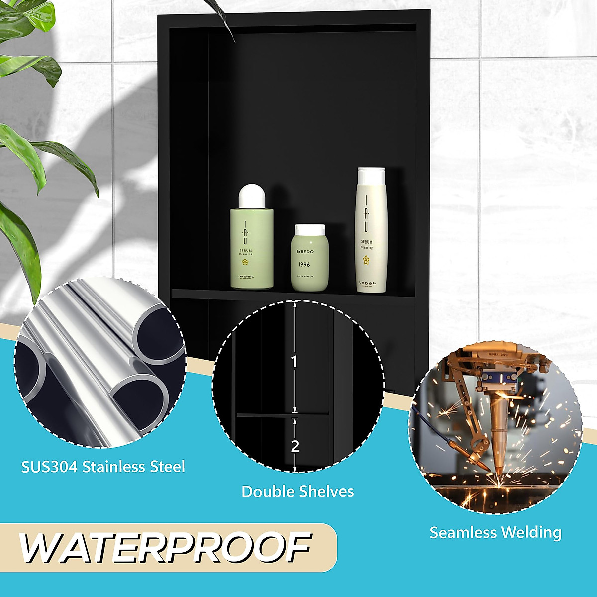 Qeke Stainless Steel Shower Niche 18" X 12", No Tile Needed Wall Niche Double Shelves, Recessed Niche Shower for Bathroom Storage, Matte Black