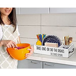 Kitchen Countertop Paper Plate Organizer Utensil Caddy, Wooden Paper Plate Holder with Handle, Utensil Caddy Holder for Cup Fork Knives Napkin Condiment, Silverware Caddy for Party Camping BBQ