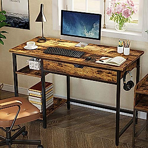 Rolanstar Computer Desk with Shelves and Drawer, 39" Home Office Writing Desk, Laptop Study Table Workstation, Retro Industrial Design, Stable Metal Frame, Rustic Brown
