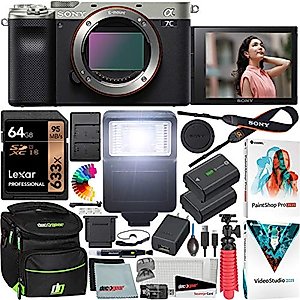 Sony a7C Mirrorless Full Frame Camera Alpha 7C Interchangeable Lens Body Only Silver ILCE7C/S Bundle with Deco Gear Case + Extra Battery + Flash + Filters + 64GB Card + Software Kit and Accessories