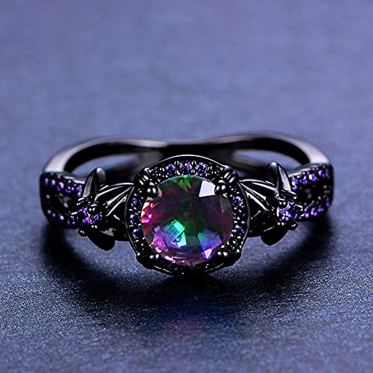 Tsnamer Gothic Black Rings for Women, Mystic Rainbow Topaz with Created Amethyst Flower Goth Black Gold Wedding Engagement Ring Size 6 to 11