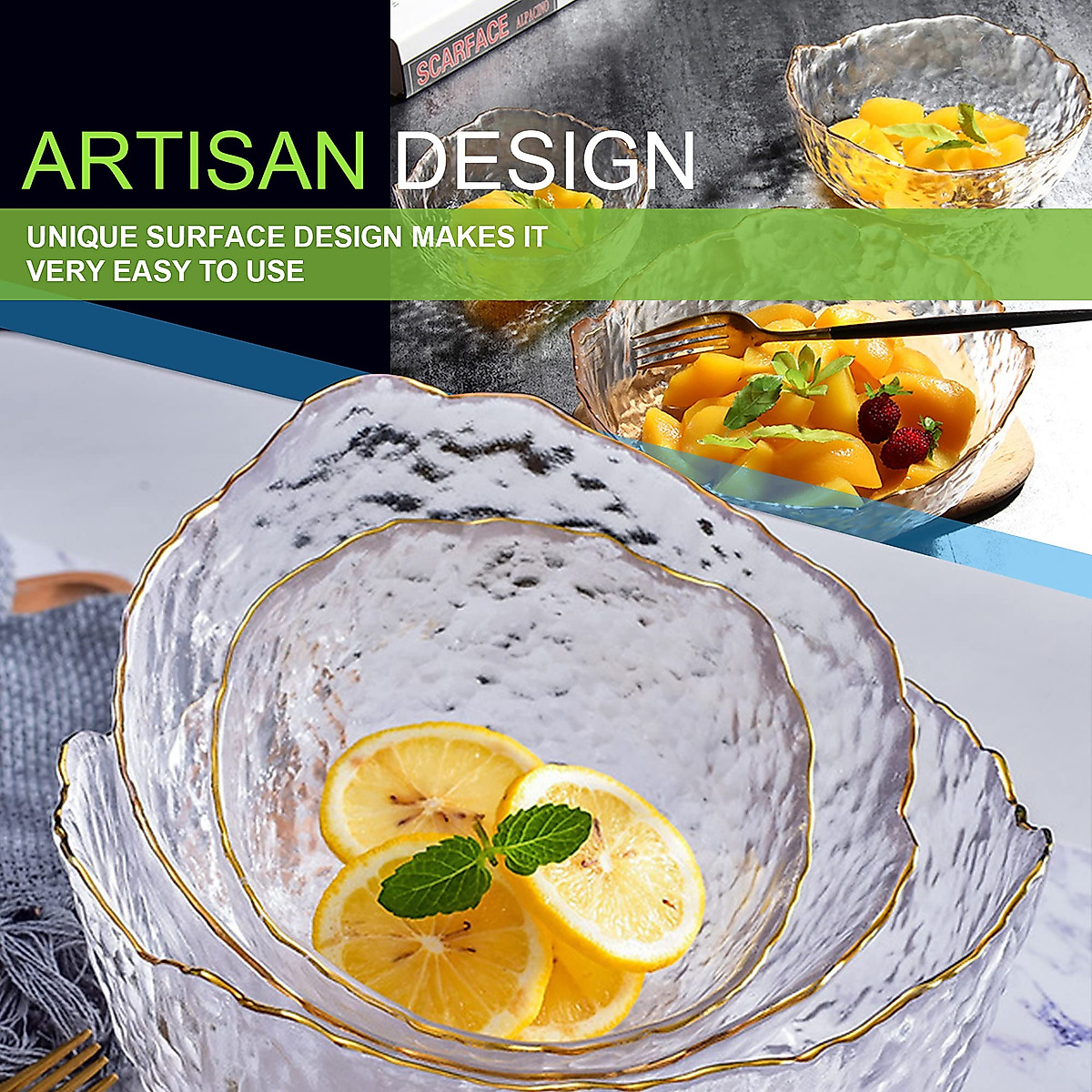 YOXSUNY Glass Bowl Serving Bowl Set with Golden Rim in Organic Shape. Salad Bowl Set of 3 Sizes (400ml) (600ml) (1100ml) For Salad Snacks Popcorn Candies Etc.