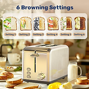 YSSOA Stainless Steel Toaster 2 Slice with Extra Wide Slot & Removable Crumb Tray, 6 Shade Settings and Bagel/Defrost/Cancel Functions, Compact Oven, for Various Bread & Waffle, Silver New