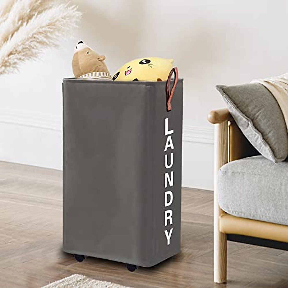 [3 pack] Laundry Basket,Homlikelan 27.5" Collapsible Large Laundry Hamper,Standable Narrow Rolling Laundry Hamper on Wheels Clothes Hamper Laundry Bin Beige