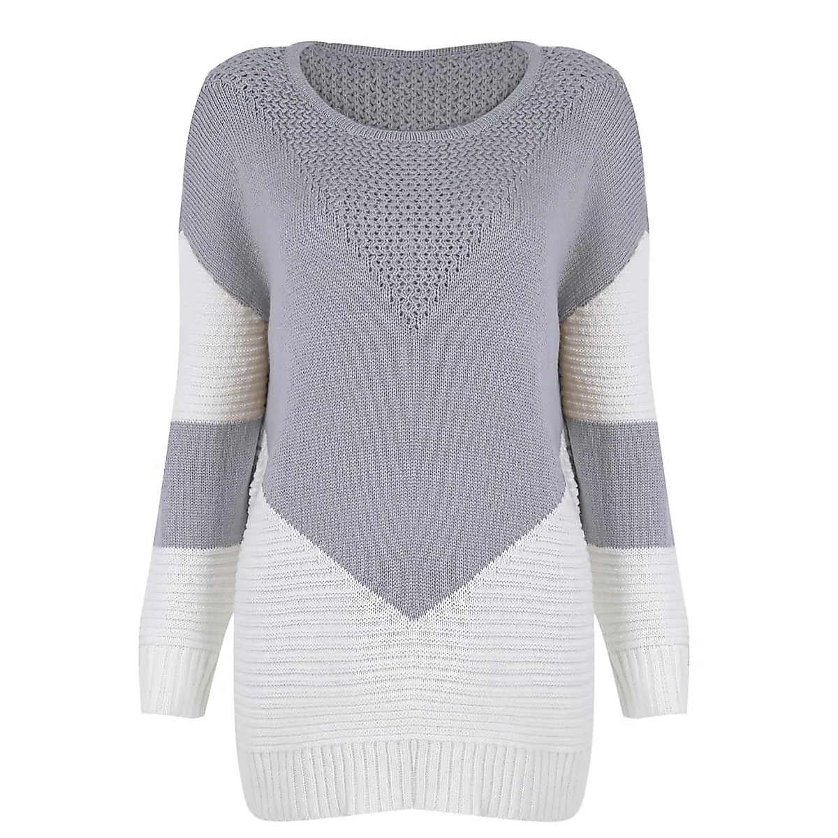 shermie Women's V Shap Colorblock Sweaters Long Sleeve Crew Neck Loose Casual Knitted Pullover Large Grey