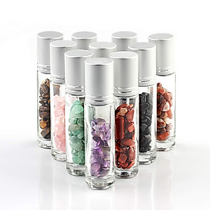 Natural Gemstones 10ML Essential Oil Roller Bottles Clear Glass Roll-on Bottles Gemstone Perfume Sample Vials with Crystal Stone Roller Balls & Healing Crystal Chips Inside 10PACK