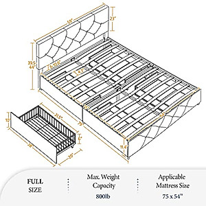 Yaheetech Upholstered Bed Frame with 4 Storage Drawers and Adjustable Headboard, Faux Leather Platform Bed Frame with Mattress Foundation, Strong Wooden Slats Support, No Box Spring Needed, Black-Full