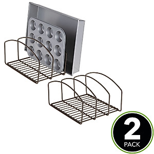 mDesign Steel Cookware Holder, Storage Organizer Rack with Three Slots for Kitchen Cabinet, Pantry, Holds Pans, Pots, Lids, Cookie Sheets, Cutting Boards - Concerto Collection - 2 Pack - Bronze