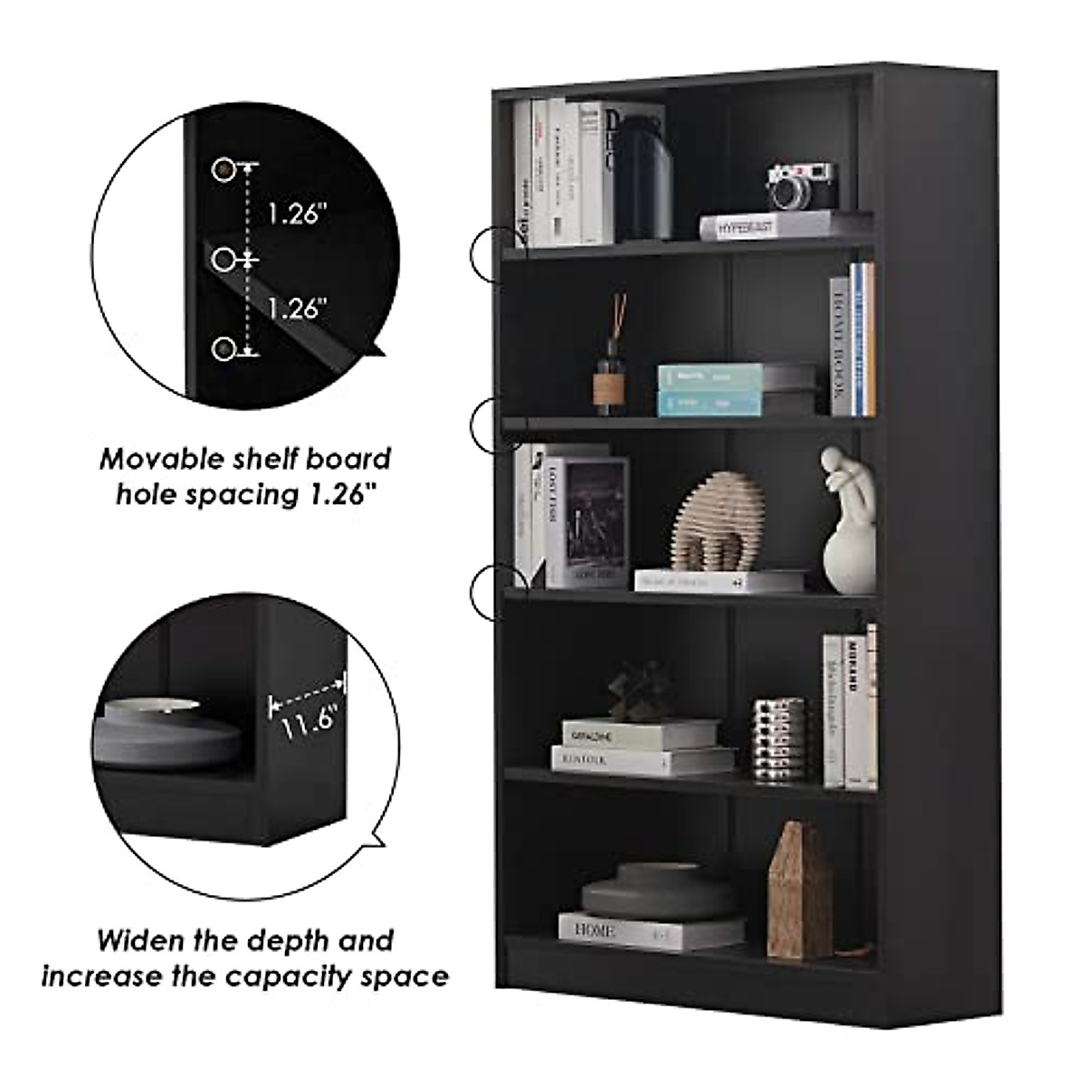 Soohow Modern 5-Tier Shelf Bookcase Storage Bookshelve with Adjustable Shelves for Living Study Room,Black
