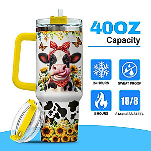 99OWL Cow Gifts, Tumbler 40 Oz With Handle Lid And Straw, Freaking Cow Sunflower, Funny Handle Cows Women Modern Adults Steel Print Coffee Tumblers Swig Simple Glitter Yellow Cups