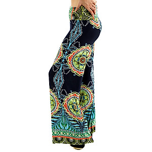 Uptown Apparel Womens Fold Over Waist Wide Leg Palazzo Pants, Good for Tall Curvy Women-Ships from U.S.A. (Small, Navy Tribal)