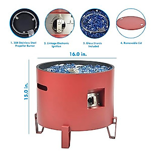 BAIDE HOME Portable Fire Pit for Camping RV 50,000 BTU Round 15'' H x 16'' W Propane Gas Fire Pit W/Lid, Glass Shards & Weather Resistant for Outdoors, 10ft Propane Extension Hose, Red