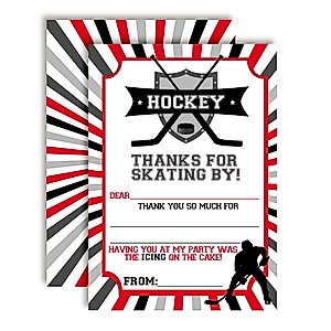 Kids Thank You Cards Black & Red Hockey Birthday Party Thank You Notes, Ten 4" x 5.5" Fill-In The Blank Cards with 10 White Envelopes by AmandaCreation