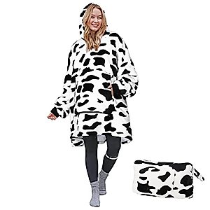 Catalonia Cow Print Oversized Blanket Hoodie Sweatshirt, Wearable Sherpa Blanket Pullover, Soft Warm Comfortable Portable Travel Sweater Pillow for Adults Men Women, Gift for Her