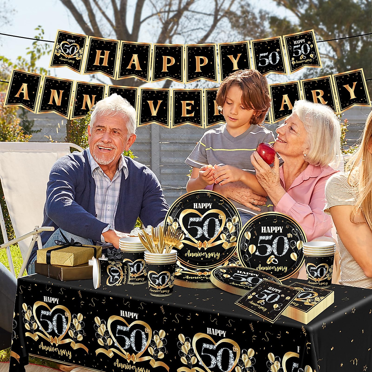 50th Anniversary Decorations Tableware Set, 142Pcs Black Gold 50th Anniversary Plates and Napkins,Cups,Banner,Happy 50th Anniversary Tablecloth for 50th Wedding Anniversary Party Supplies