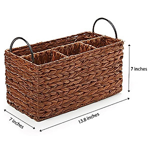 Americanflat Water Hyacinth Basket with Handles - Multipurpose Storage Organizer Caddy - 1 Large and 3 Small Compartments (Walnut Color)