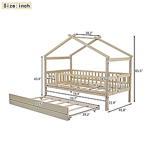 Twin Size House Bed with Trundle, Wooden Playhouse Kids Bed Frame with Roof and Fence, Montessori Style Bed with Guardrails for Kids, Teens, Boys, Girls, Natural.