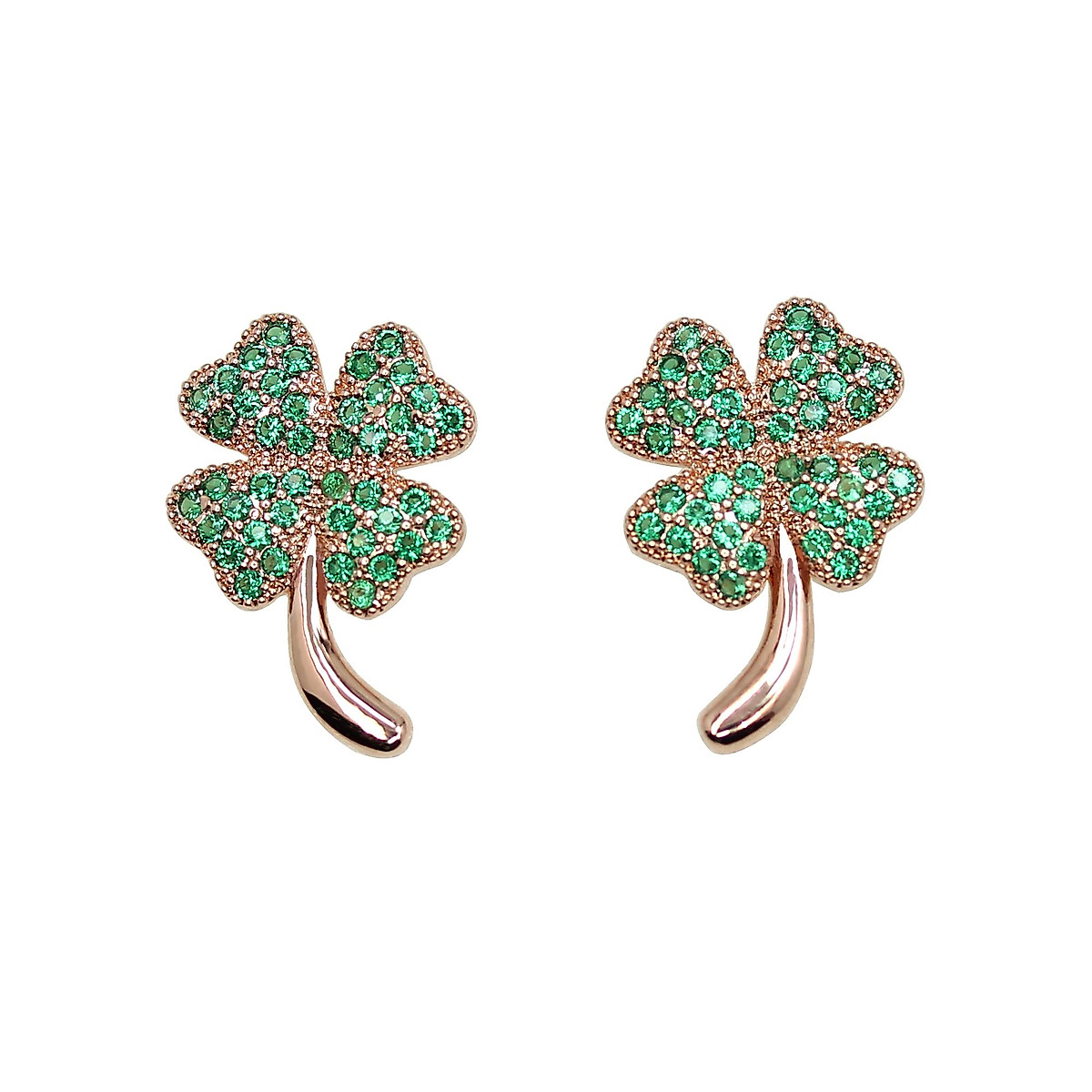 Faship Green Cubic Zirconia CZ Crystal Shamrock Clover 4 Leaf Stud Earrings - Green/Rose Gold Plated