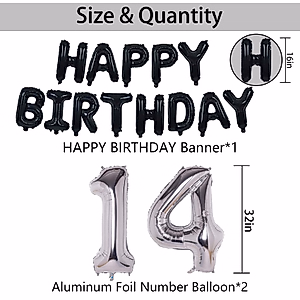 NANINUNENO 14th Black Silver Birthday Party Decorations for Boys Girls, Happy 14 Birthday Party Supplies with Black Happy Birthday Banner, Silver Foil Stars, Happy Birthday Balloons for 14th Birthday