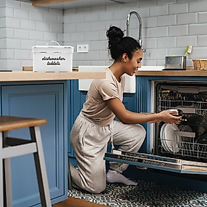 AuldHome Dishwasher Pod Holder, Tablet Container; White Enamelware Rustic Kitchen Storage Tin with Lid