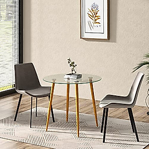 Giantex Round Glass Dining Table, 35.5" D x 30" H Kitchen Dinner Table w/Tempered Glass Tabletop & Metal Legs, Circle Leisure Coffee Table for Dining Room & Living Room, Clear & Natural