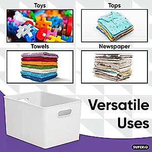 Superio Decorative Plastic Open Home Storage Bins Organizer Baskets, White & Lilac (Set of 2) 2 X-Large - Container Boxes for Organizing Closet Shelves Drawer Shelf - Ribbed Collection