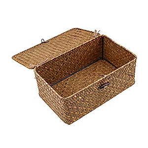 Handwoven Rattan Storage Basket,3pcs seagrass storage baskets Straw Seaweed Basket with Lid for Makeup, Clothes and Home hyacinth baskets Items woven seagrass basket