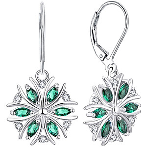 YL Snowflakes Earrings Sterling Silver Dangle Drop Earrings Created Emerald Leverback Jewelry for Women