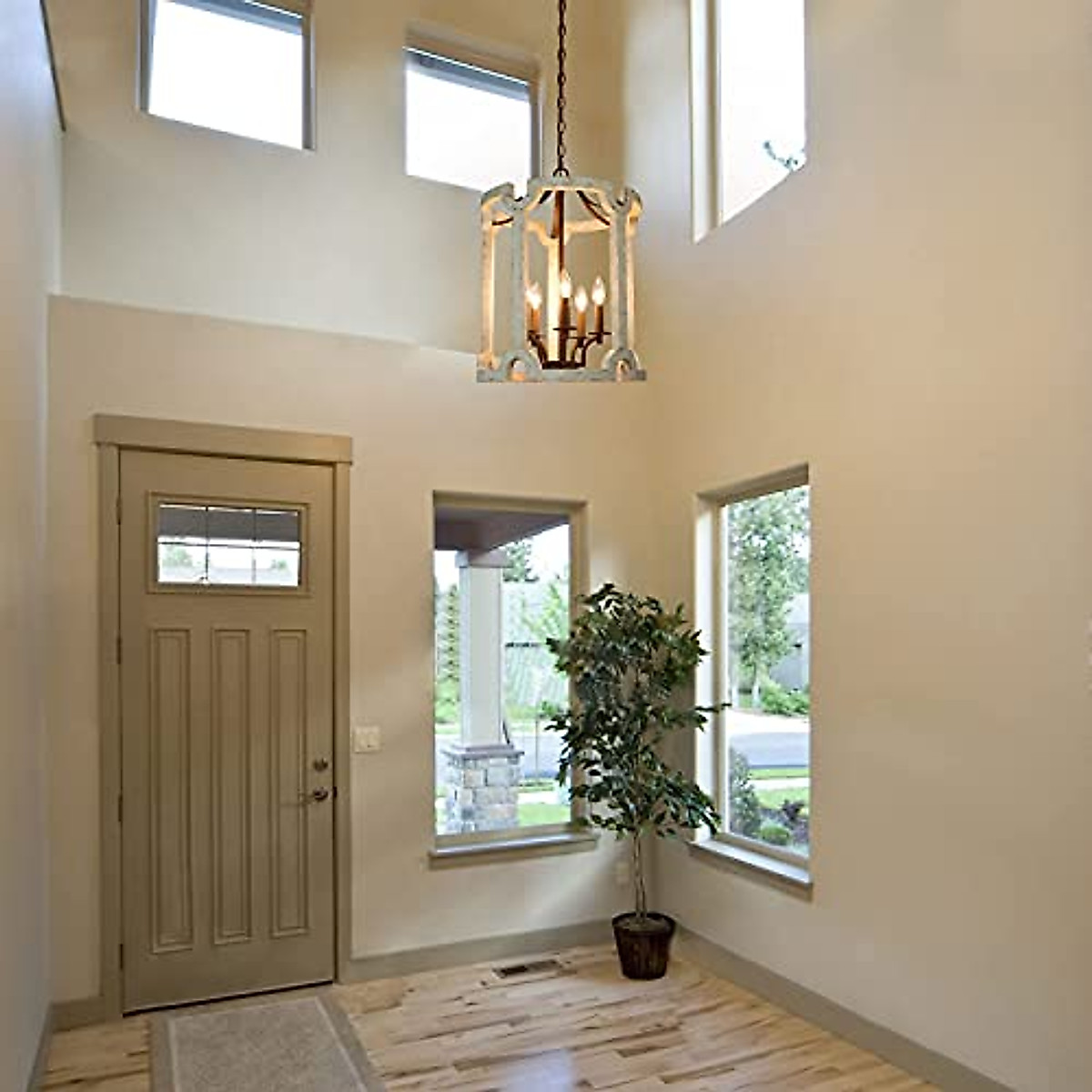 LOG BARN Farmhouse Chandelier, 5-Light Lantern Chandelier for Foyer, Kitchen Island, Dining Room, Weathered White Wood, 16.5’’ W