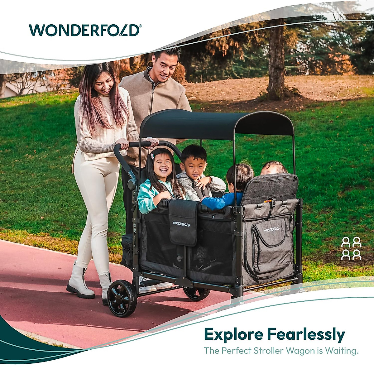WONDERFOLD W4 Original Quad Stroller Wagon Featuring 4 High Face-to-Face Seats with 5-Point Harnesses, Easy Access Front Zipper Door, and Removable UV-Protection Canopy, Black