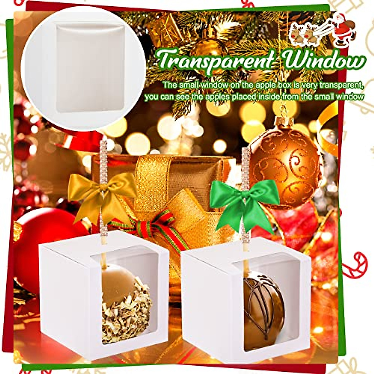 100 Pcs Candy Apple Boxes with Hole Caramel Apple Boxes 4 x 4 x 4 Inch Apple Gift Box Cookies Chocolate Apple Container with Clear Window for Harvest Autumn Party Wedding Baby Shower (White)