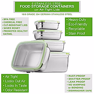 Stainless Steel Food Storage Containers | Leak Proof & Airtight Lids | Set of 5 Containers BPA Free that are Dishwasher & Freezer Safe