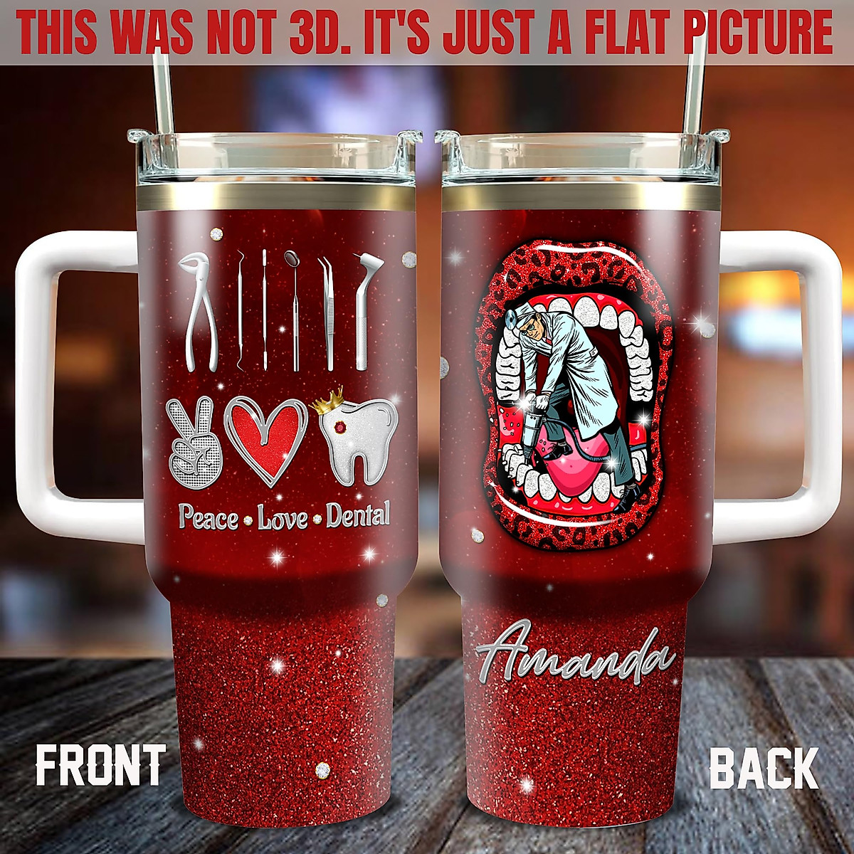 WAZONE Personalized Dentist 40oz Tumbler with Handle and Straw Lid Custom Name Insulated Travel Mugs Stainless Steel Peace Love Dental Leopard Gifts for Women Student Medical Oral Hygienists