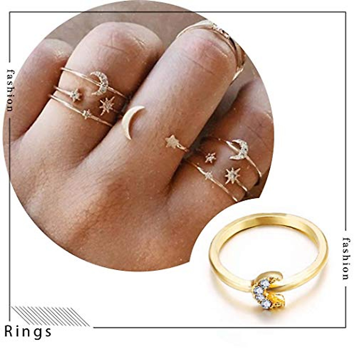 Outyua Boho Rhinstone Knuckle Rings Set Gold Star Moon Stacking Midi Finger Rings Set Bohomian Crystal Statement Joint Knuckle Ring Set for Women 7 Pack