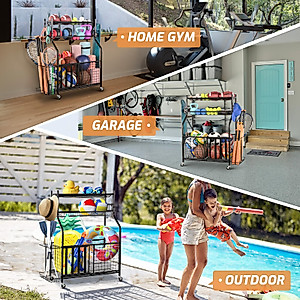 PLKOW Sports Equipment Storage for Garage, Garage Sports Equipment Organizer, Ball Storage Rack, Garage Organizer with Basket and Hooks for Toy Sports Gear Storage