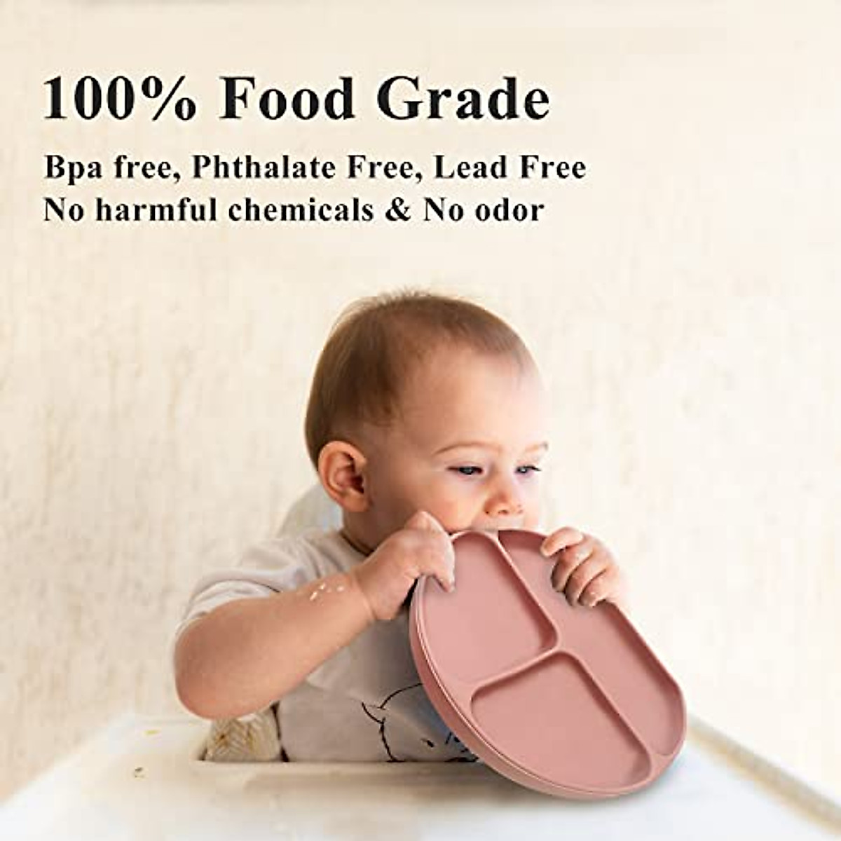 COTTONBEBE Baby Silicone Feeding Set, Toddler Plates and Bowls Sets, Self Feeding Spoon Fork Bib Cup, Divided Baby Led Weaning Supplies, First Stage Solid Food Infant Utensils, Fresh Pink