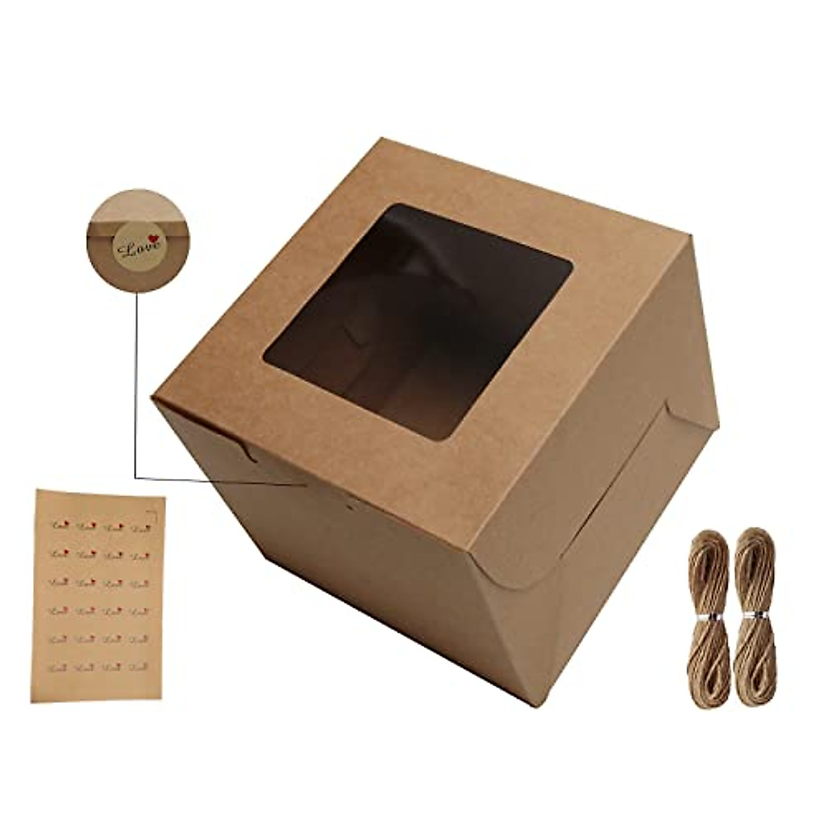 PQZKLDP 12Packs 6x6x5 Inches Brown Kraft Cake Boxes with Window, Gift Packing, Bakery Boxes, Dessert, Pastry, Cupcake, Pie Cookies, With Stickers,66 FT Twine (6 * 6 * 5 Inch, Brown)