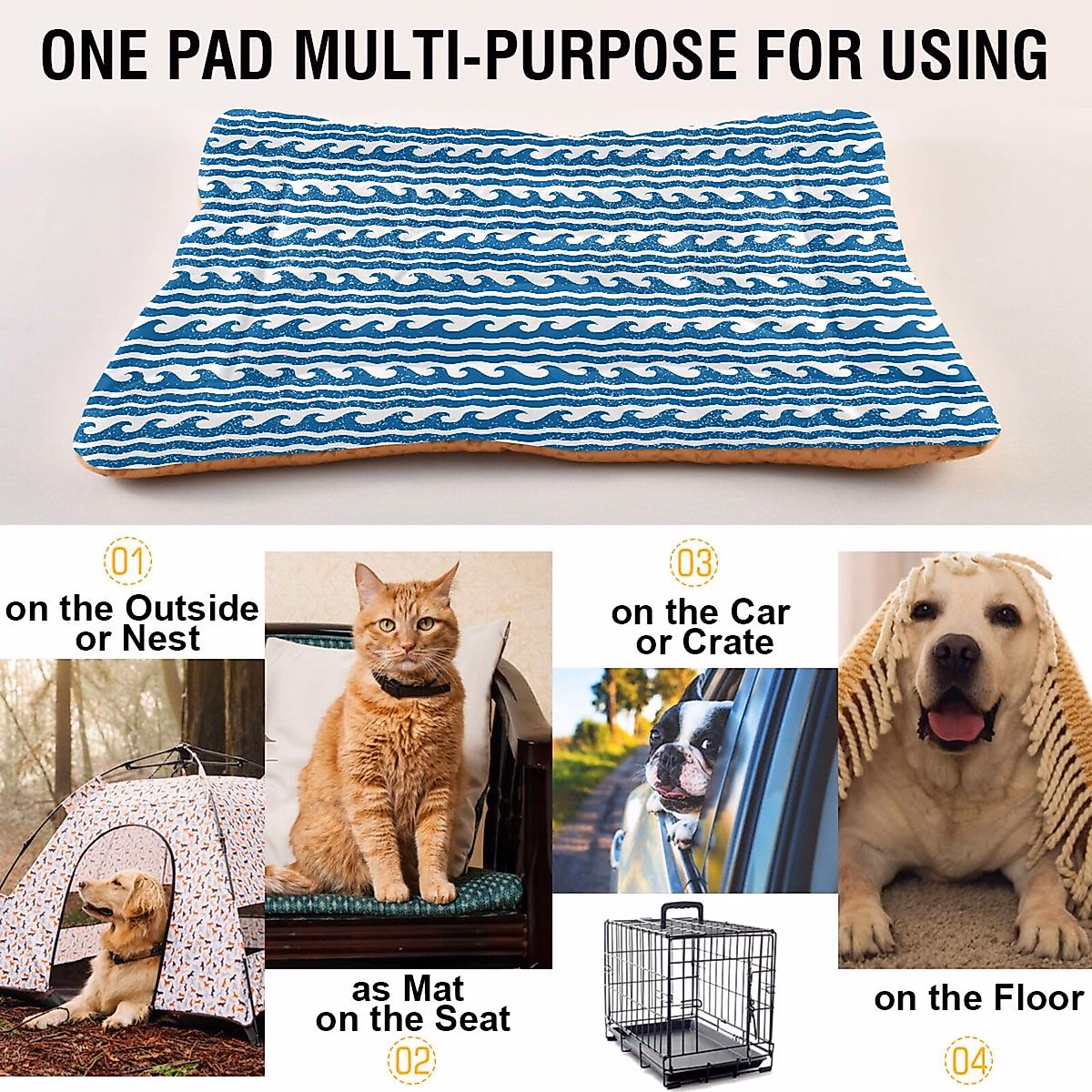 Coikll Ocean Waves Ornament Pet Bed Pad Soft Dog Bed Mat with Anti-Slip Bottom, Machine Washable Crate Pad Mattress for Dog Sleeping- 24 * 18inches