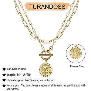 Turandoss Gold Initial Necklaces for Women, 14K Gold Plated Dainty Layering Paperclip Link Chain Necklace Personalized Coin Pendat S Initial Necklaces for Women Gold Jewelry Gifts