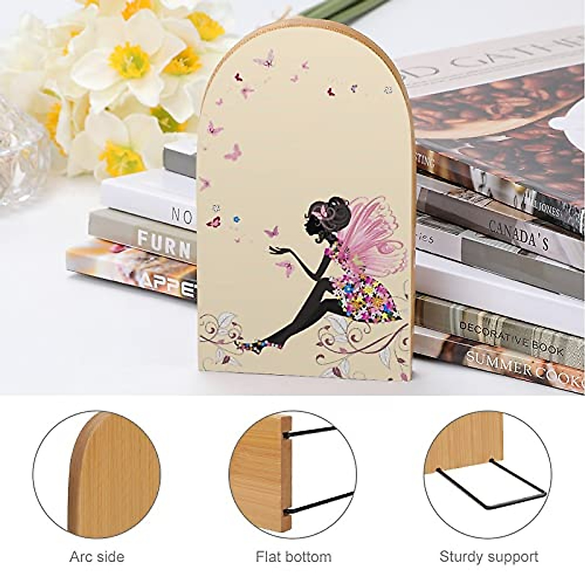 Hon-Lally Flower Fairy Girl with Pink Wing Elves Butterflies Wood Bookends Decorative Bookend Non-Skid Office Book Stand for Books Office Files Magazine