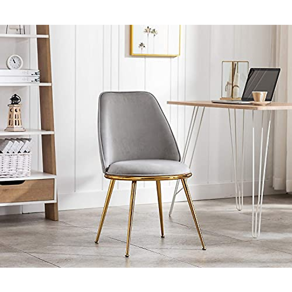 Artechworks Velvet Modern Upholstered Dinning Chair with Golden Metal Base Legs Accent Leisure Lounge Mid-Century Chair for Living Dining Room Bedroom, Grey
