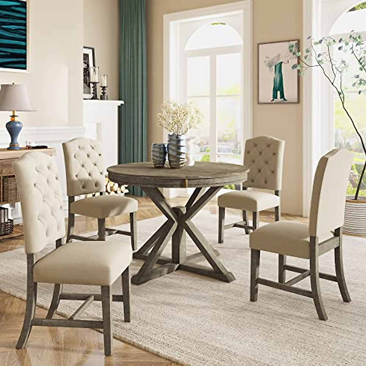 WOZNLA Retro Style 5-Piece Extendable Round Dining Table Set with 4 Upholstered Chairs - Ideal for Kitchen and Living Room Gatherings